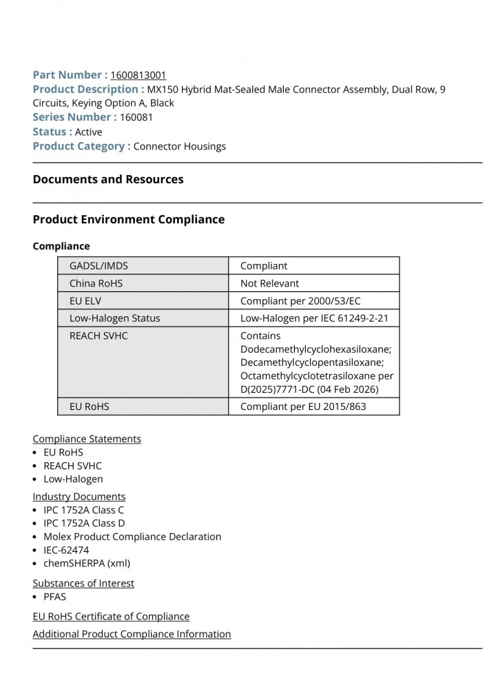 Technical document page 1 for MOLEX 1600813001