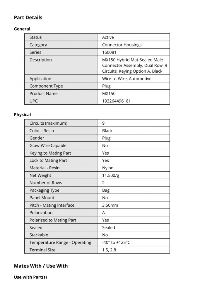 Technical document page 2 for MOLEX 1600813001