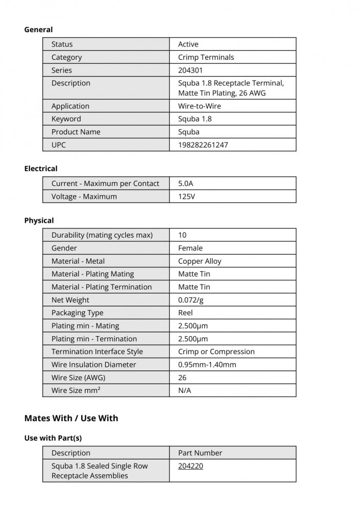 Product document page 2 for MOLEX 2043010002