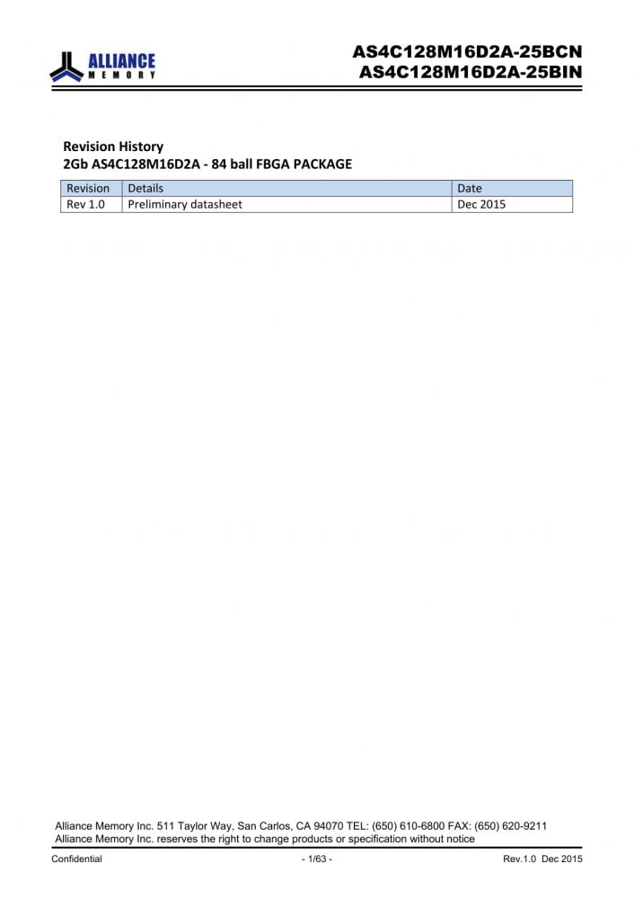 AS4C128M16D2A datasheet page 1