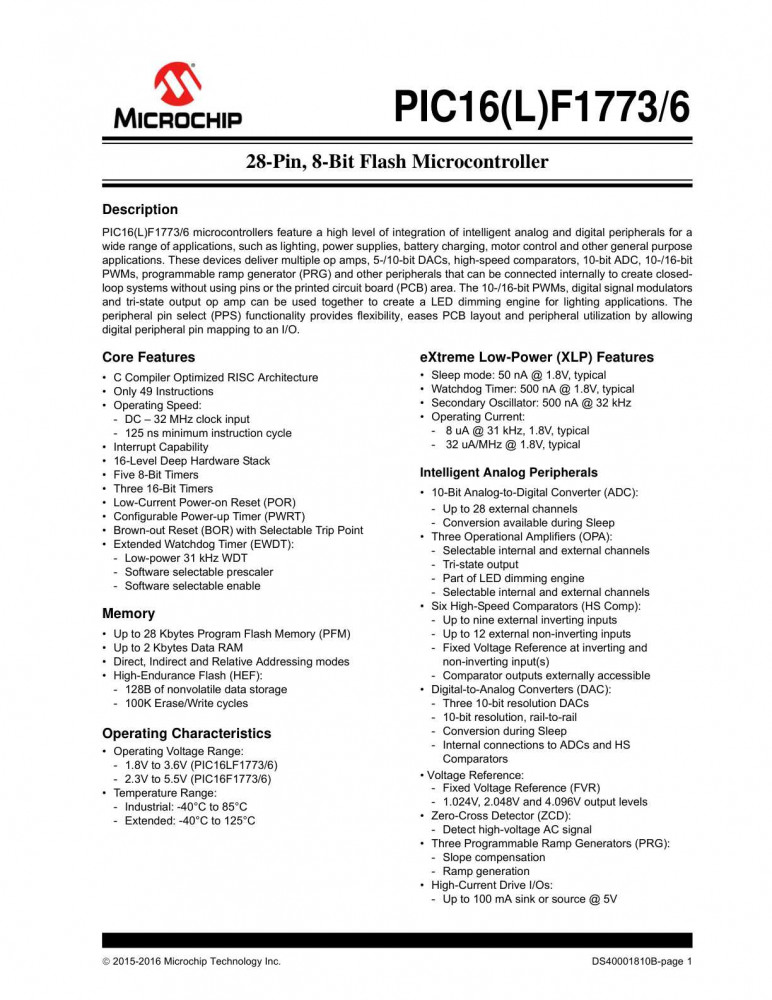 PIC16F1773 document preview, page 1