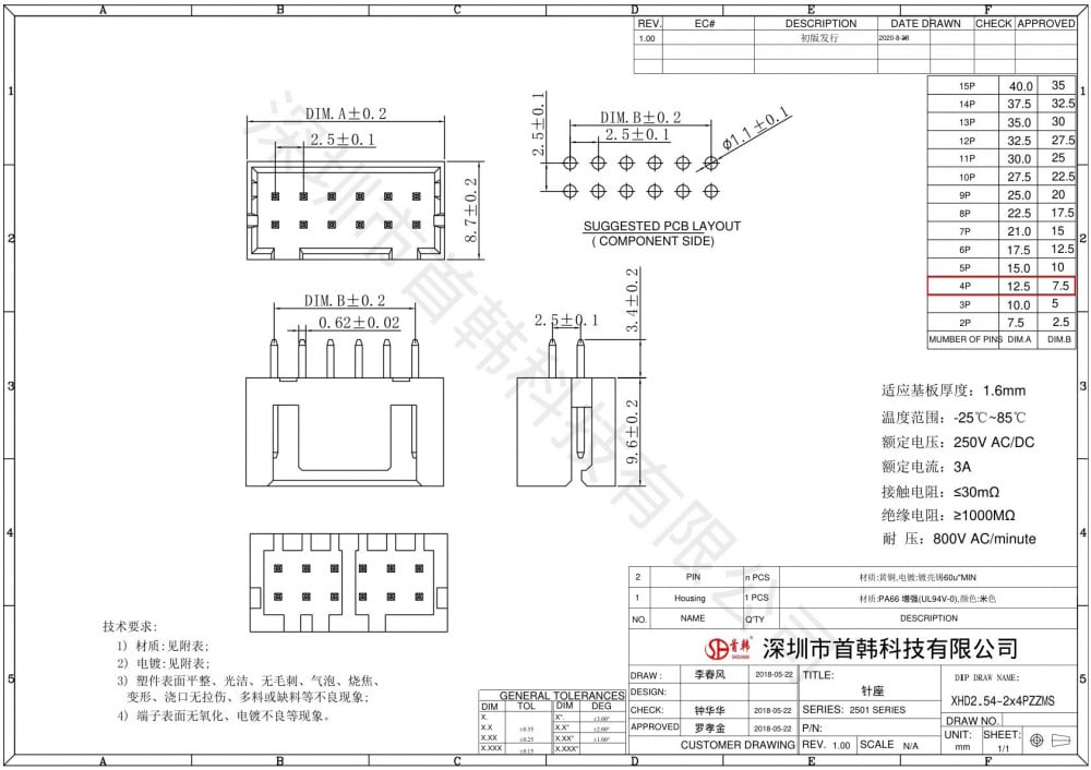 XHD2.54-2x4PZZMS specification page 1