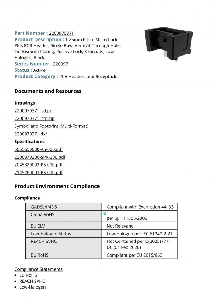 Technical document page 1 for MOLEX 2200970371