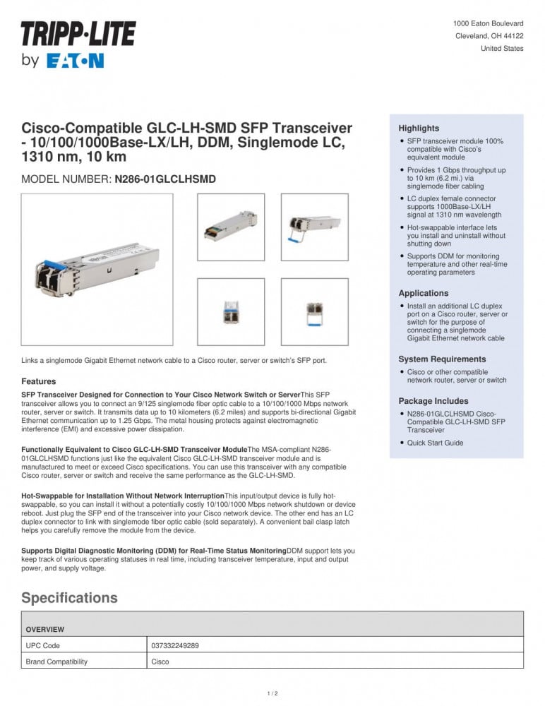 N286-01GLCLHSMD product document page 1