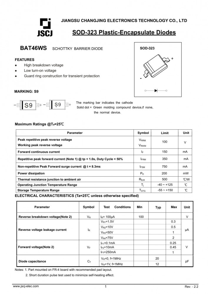 BAT46WS datasheet page 1