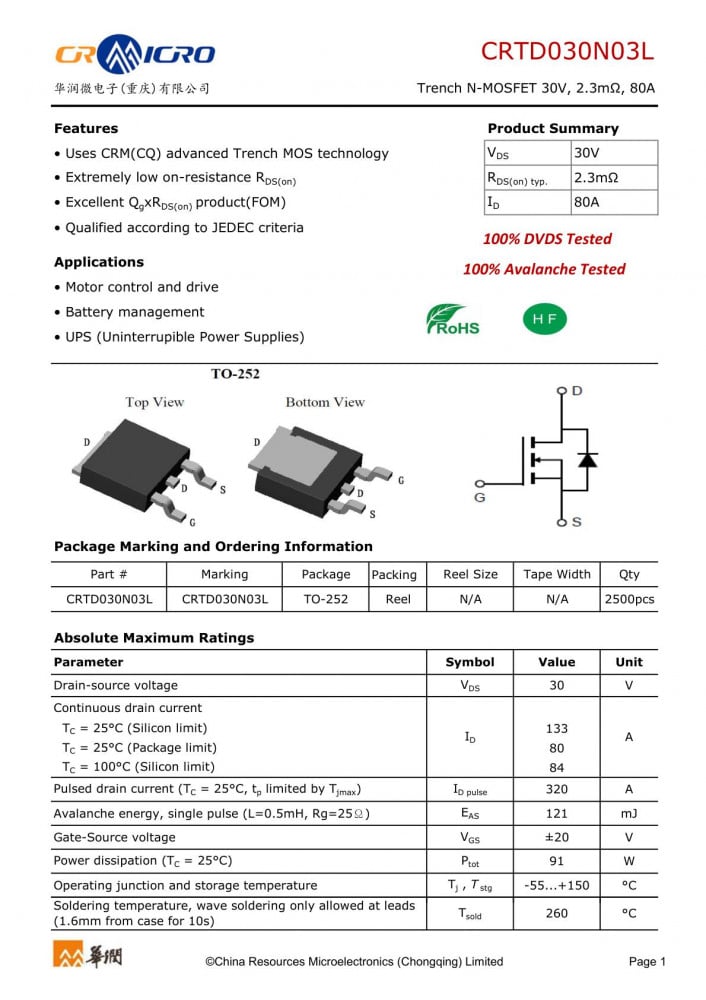 CRTD030N03L datasheet page 1