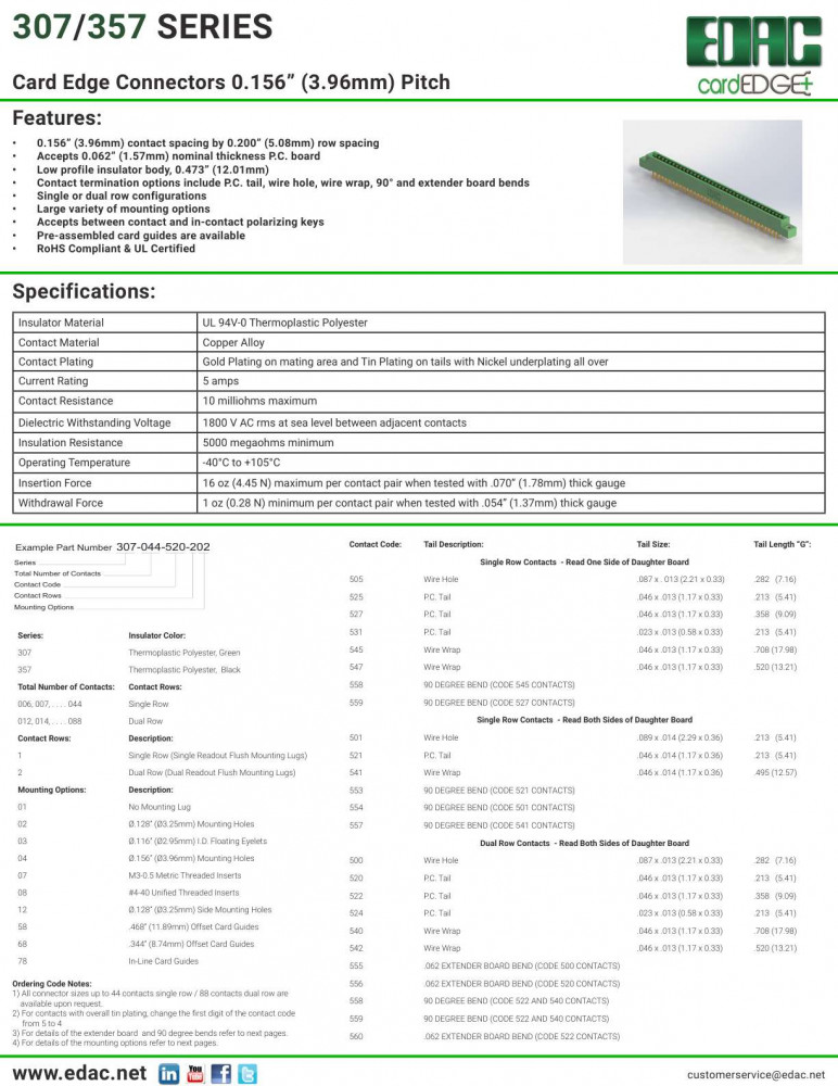 307 series card-edge connector technical document, page 1