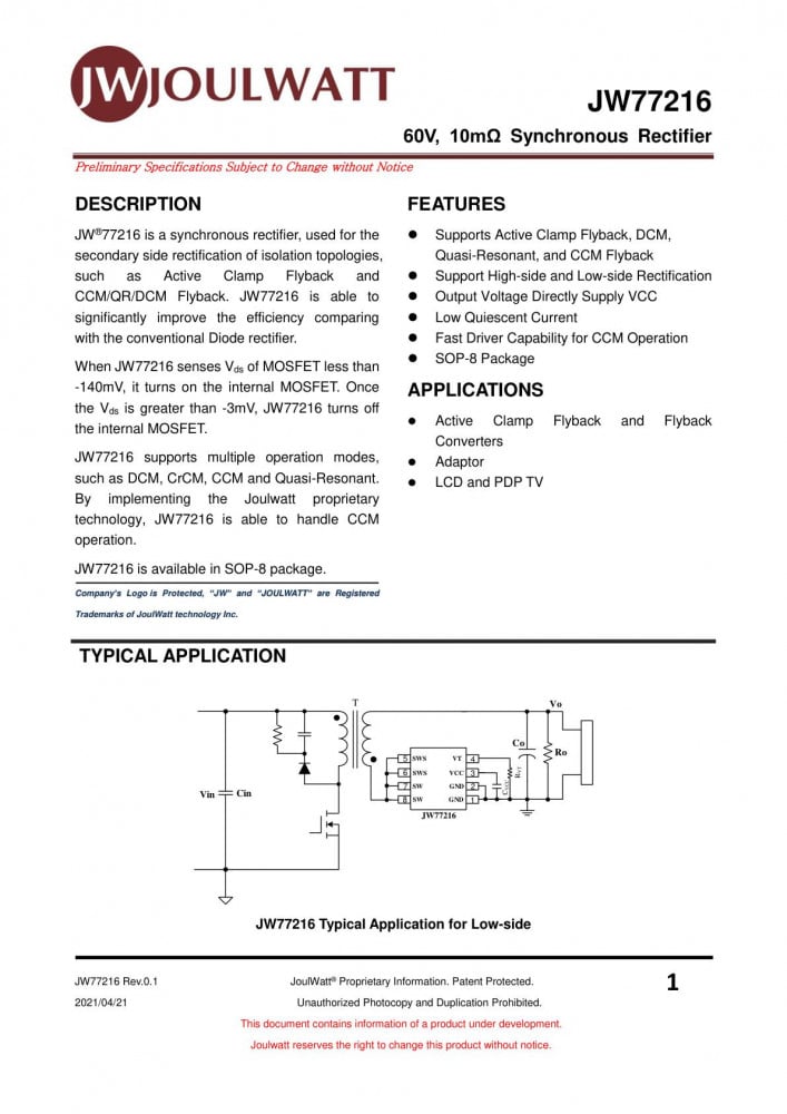 JW77216 datasheet page 1