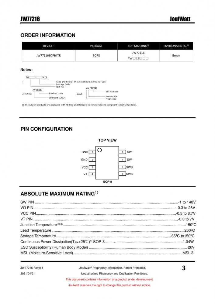 JW77216 datasheet page 3