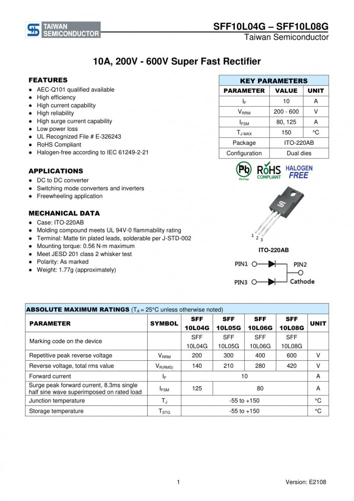 SFF10L08G datasheet page 1