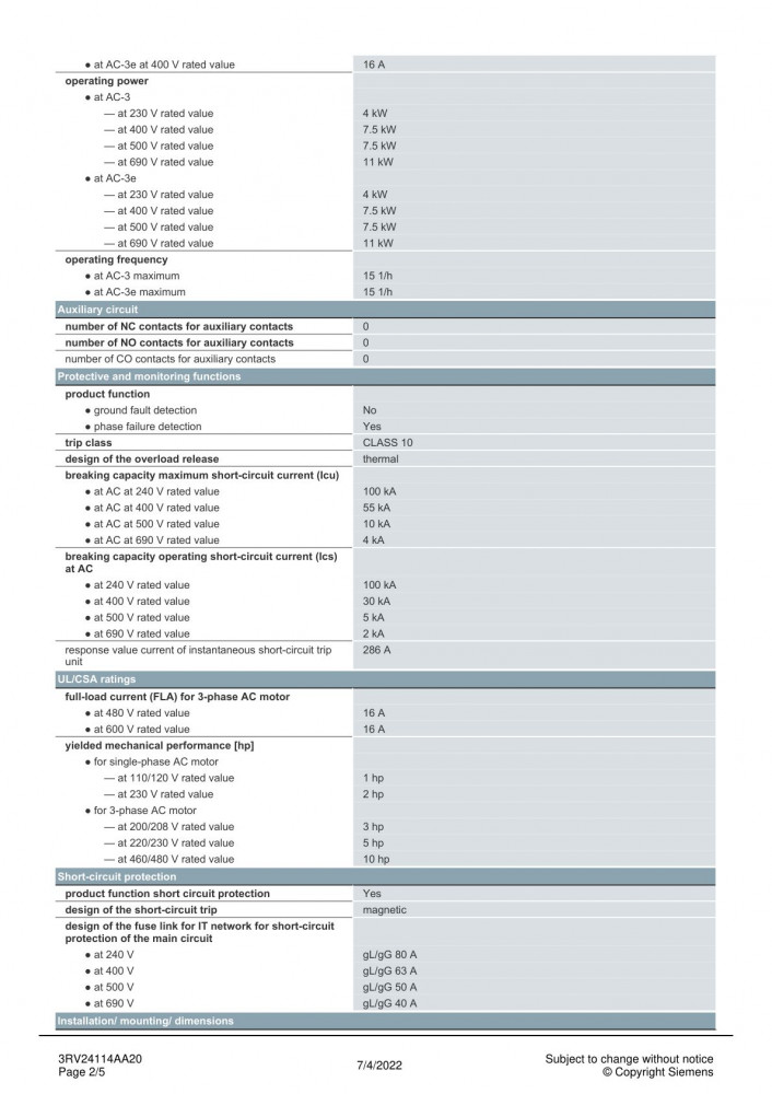 3RV24114AA20 datasheet page 2