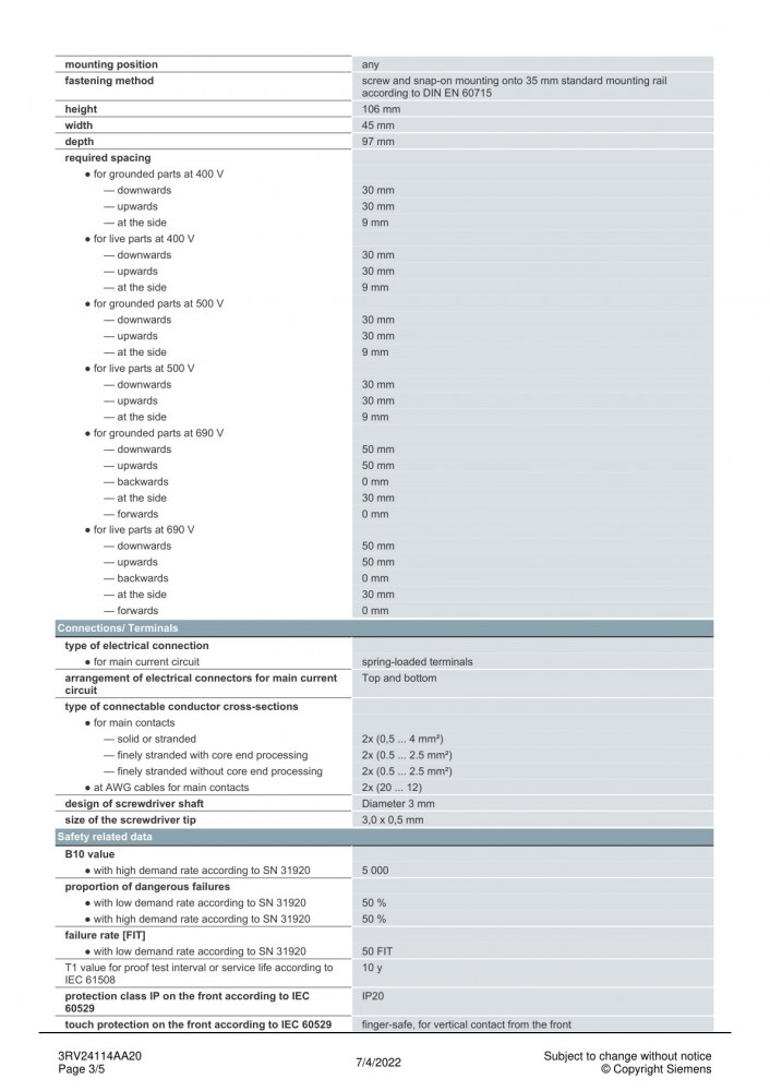 3RV24114AA20 datasheet page 3