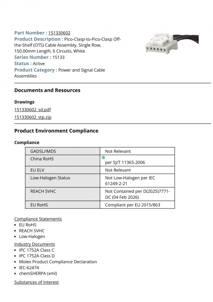 MOLEX 151330602 product drawing preview, page 1
