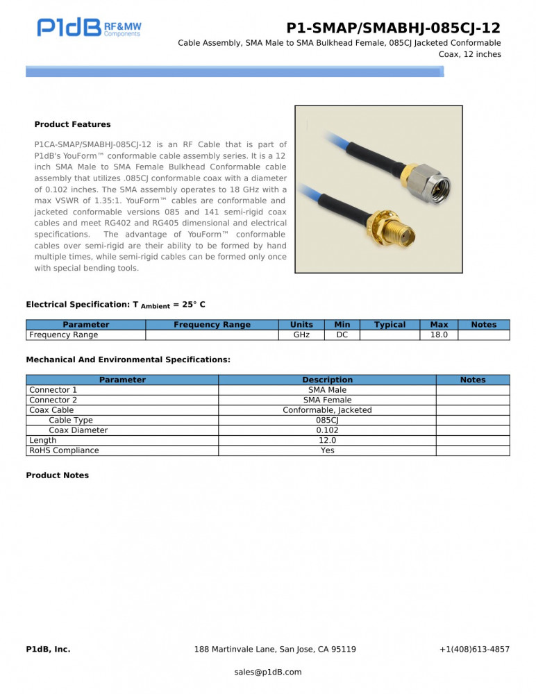 P1dB conformable SMA cable assembly product visual