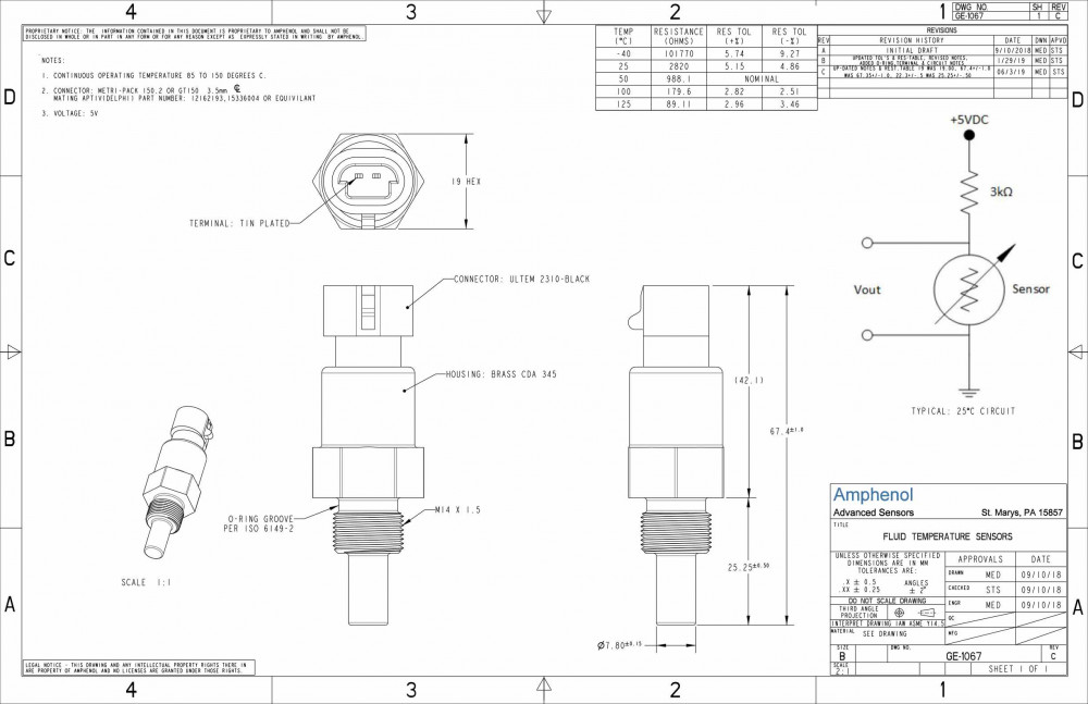 GE-1067 fluid temperature sensor technical drawing