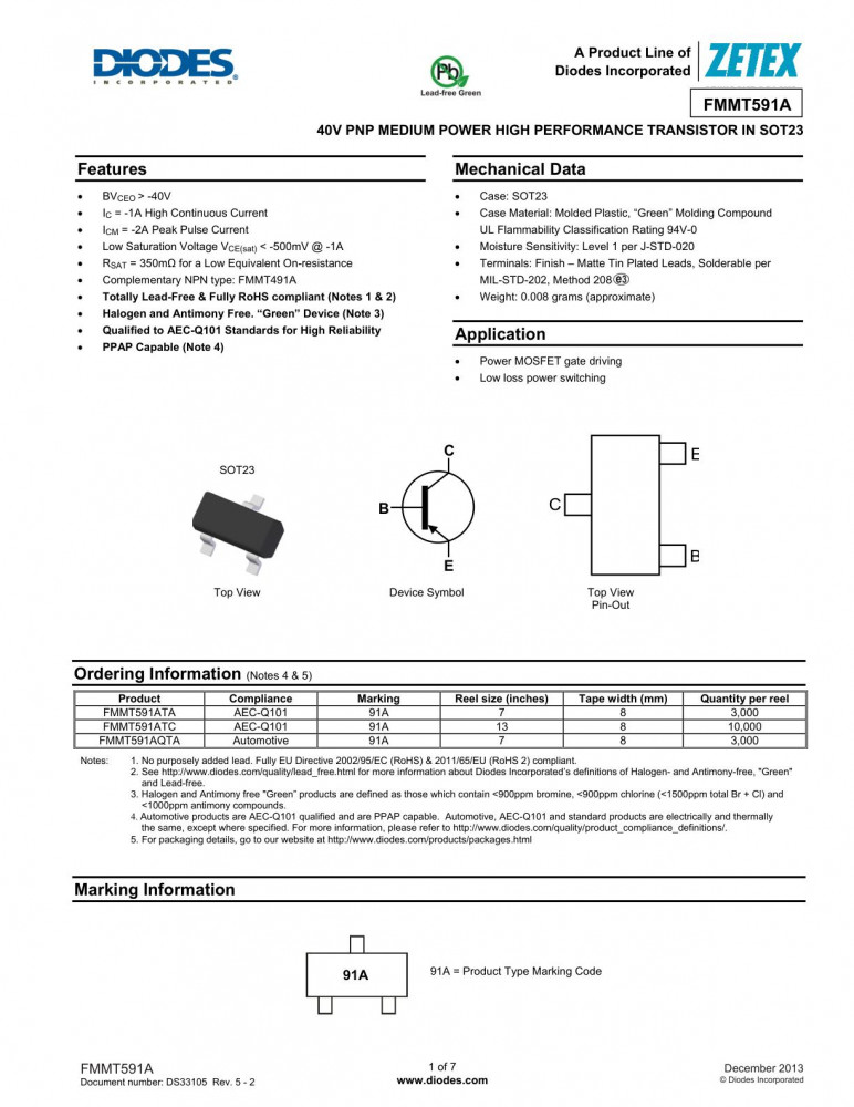 FMMT591ATA datasheet page 1