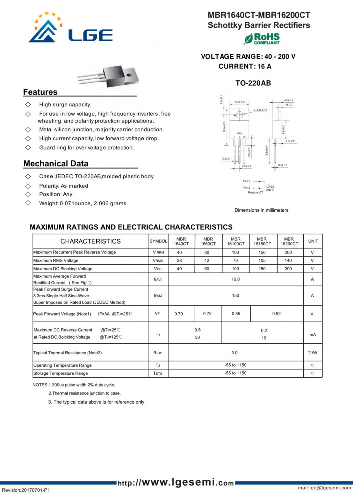 MBR1640CT datasheet page 1