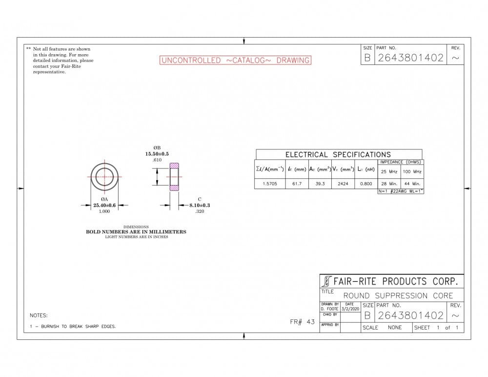 Fair-Rite 2643801402 technical document preview