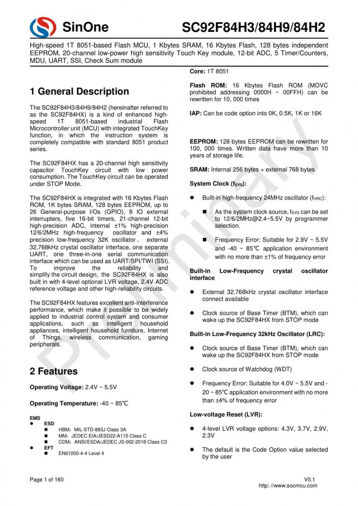 SC92F84H9 datasheet preview, page 1