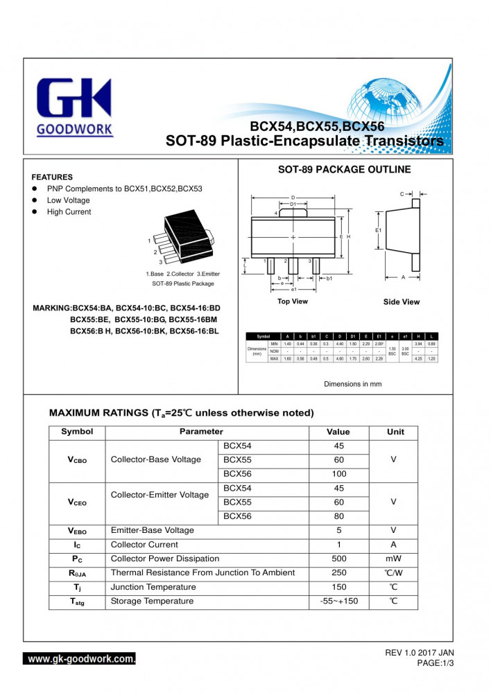 BCX56-16 product features and marking