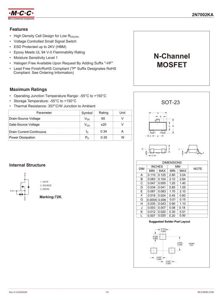 2N7002KA-TP datasheet page 1