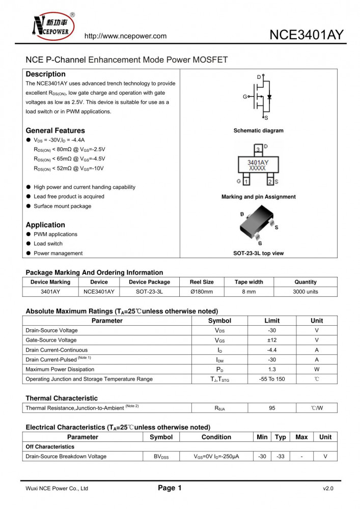 NCE3401AY datasheet page 1