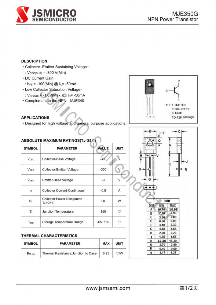 MJE350G datasheet page 1