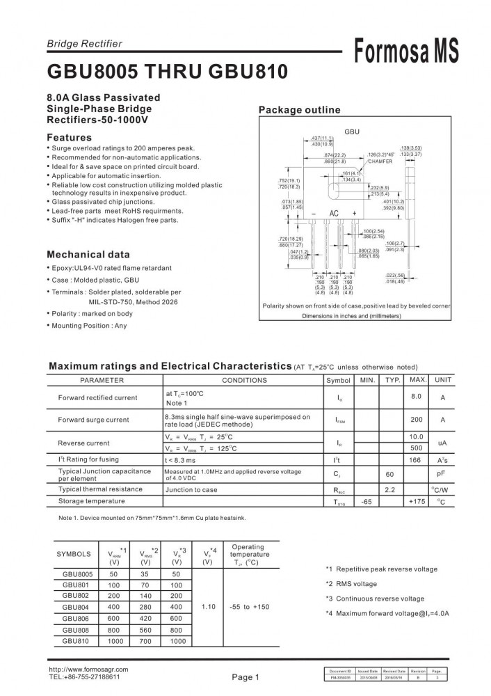 FMS GBU810 datasheet page 1