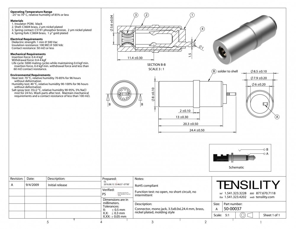 50-00037 Tensility 3.5 mm mono jack product drawing