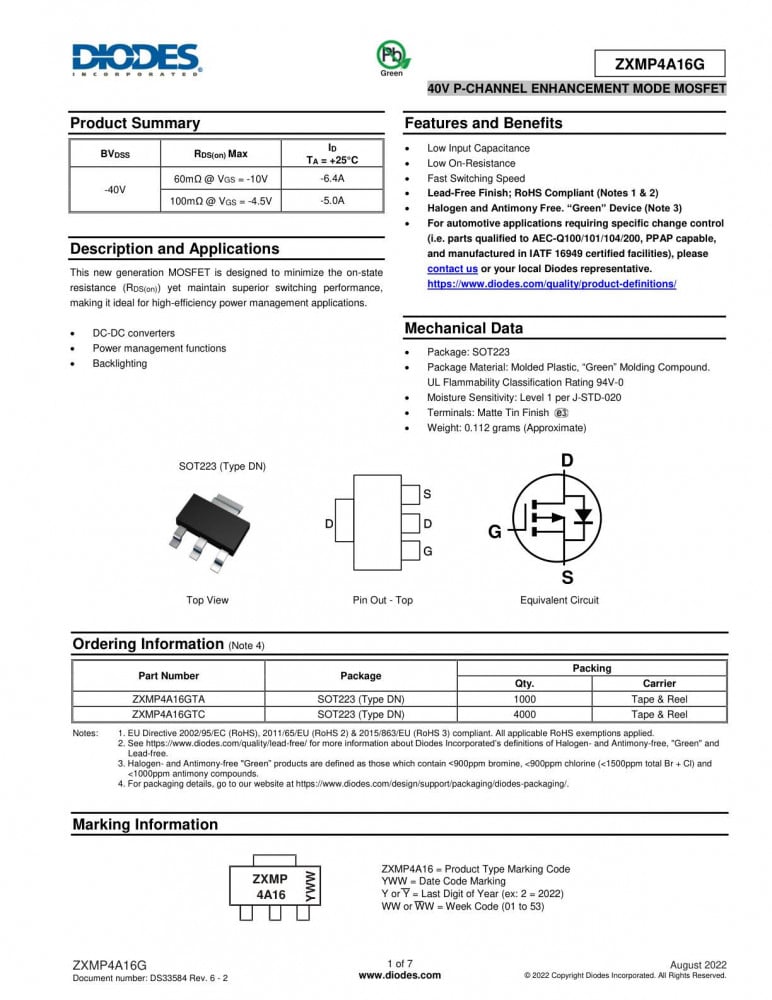 ZXMP4A16GTA datasheet page 1