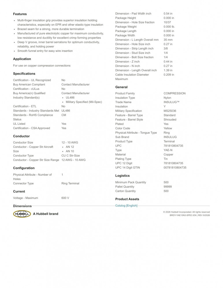 Burndy YAE10N3 product documentation page 2