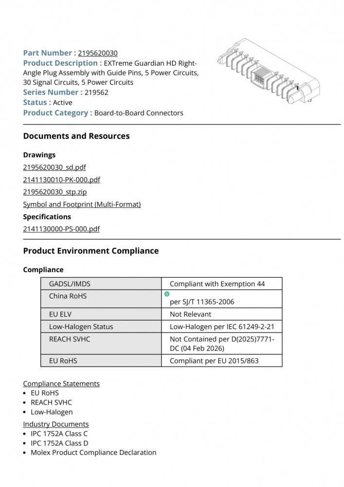 MOLEX 2195620030 technical document preview, page 1