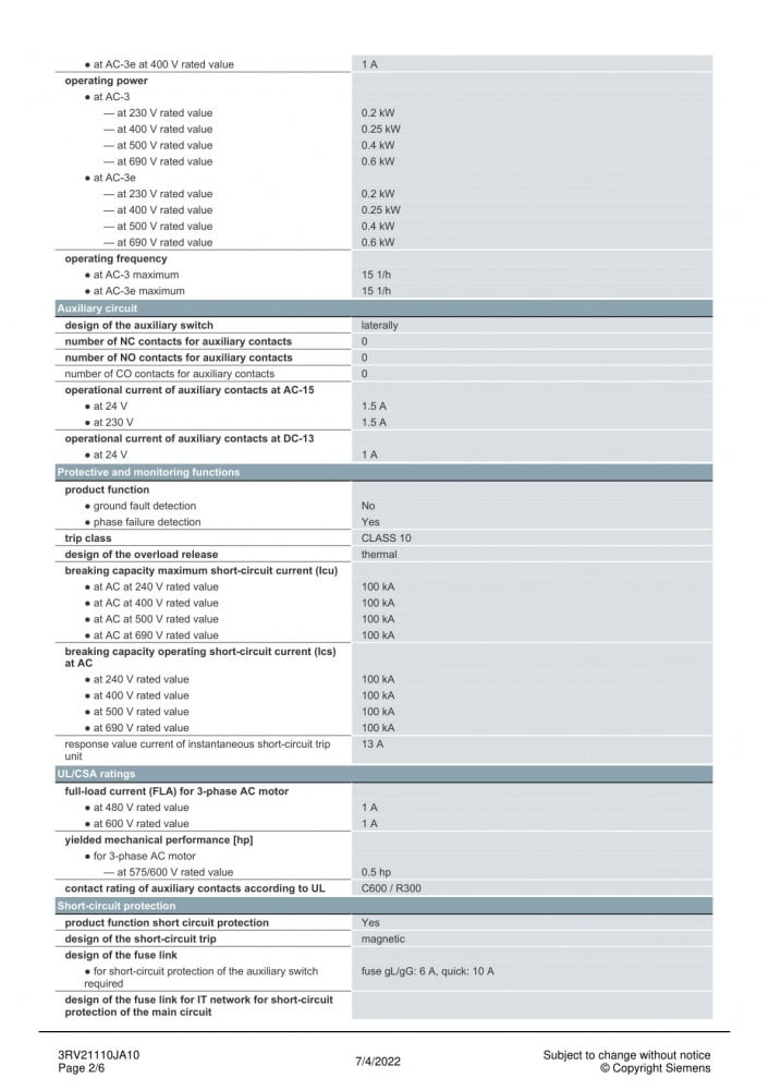 3RV21110JA10 datasheet page 2