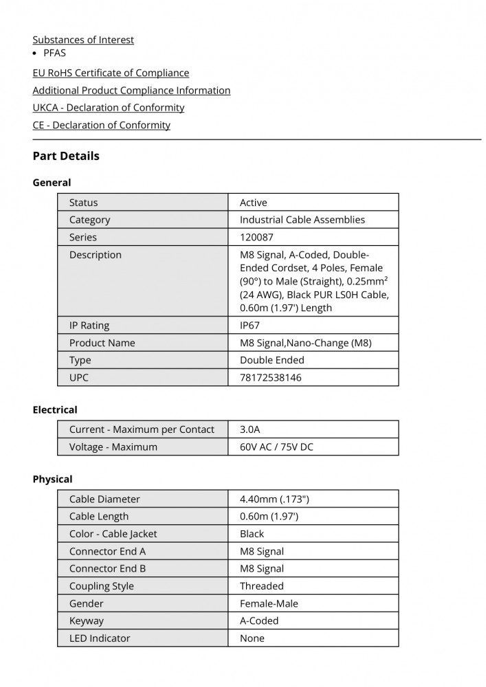 MOLEX cable specifications and part list page