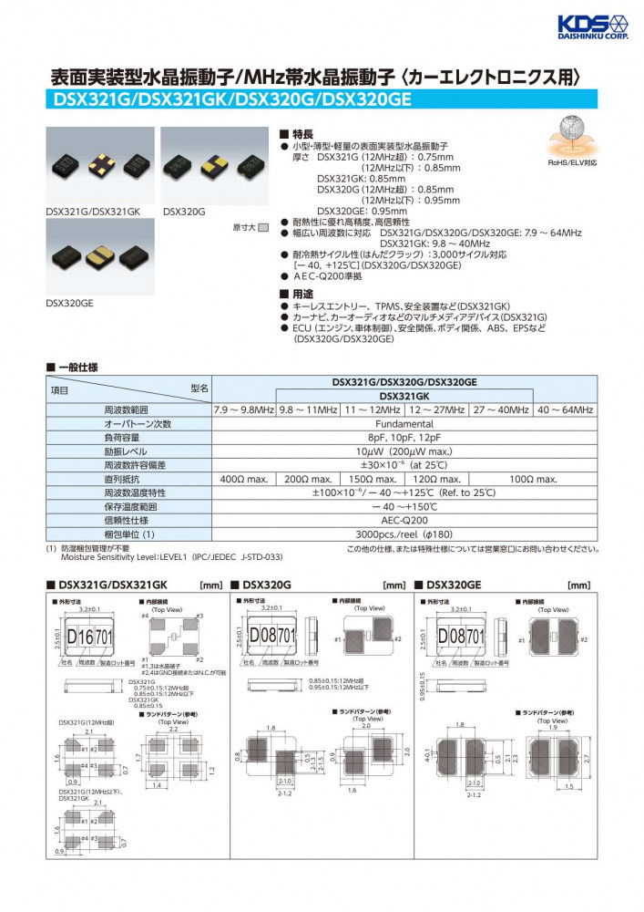 KDS DSX320G DSX321G automotive crystal unit datasheet page