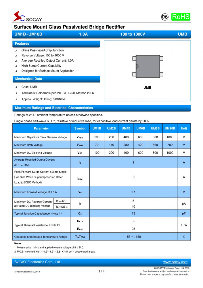 UM2B datasheet page 1: device features and electrical ratings