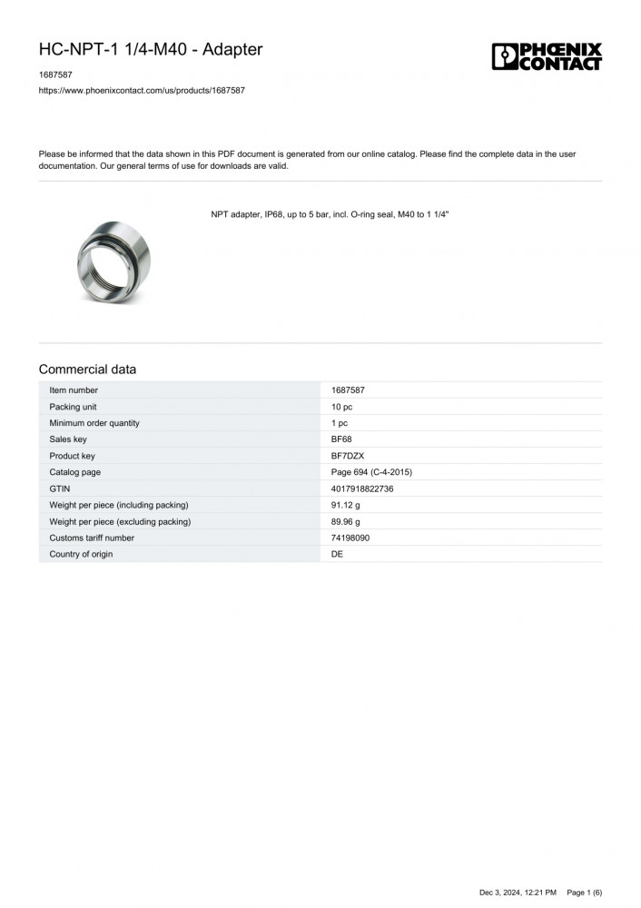 Phoenix Contact 1687587 technical document page 1
