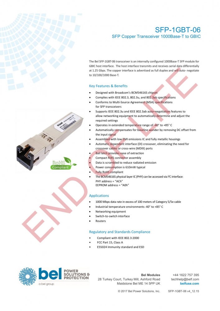 Bel Fuse SFP-1GBT-06 technical document page 1