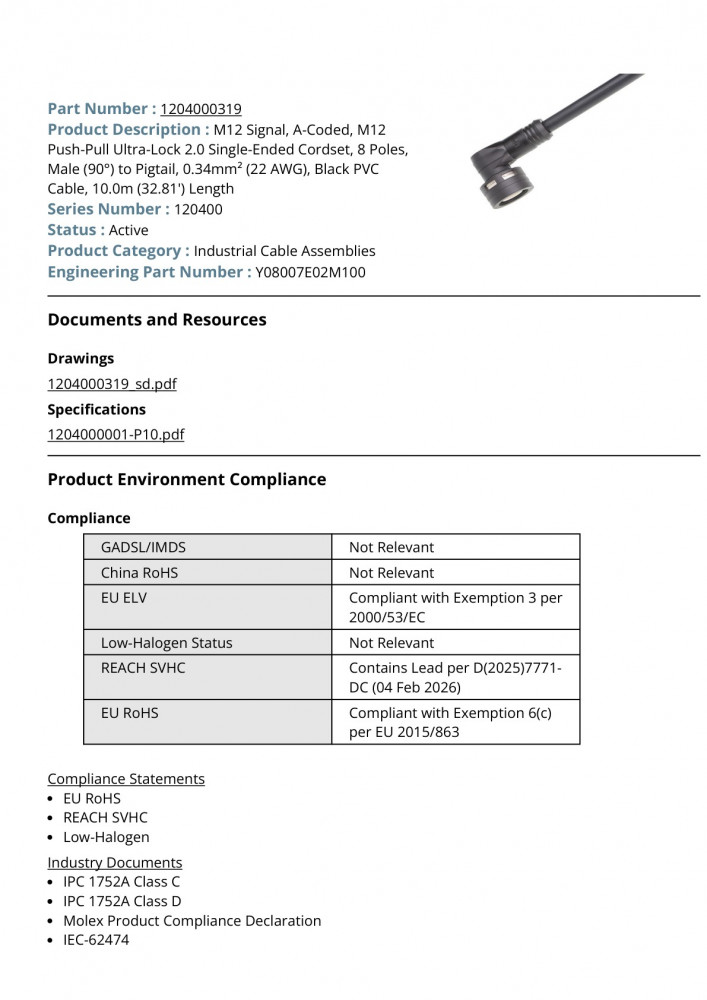 Molex Ultra-Lock M12 product specification page 1