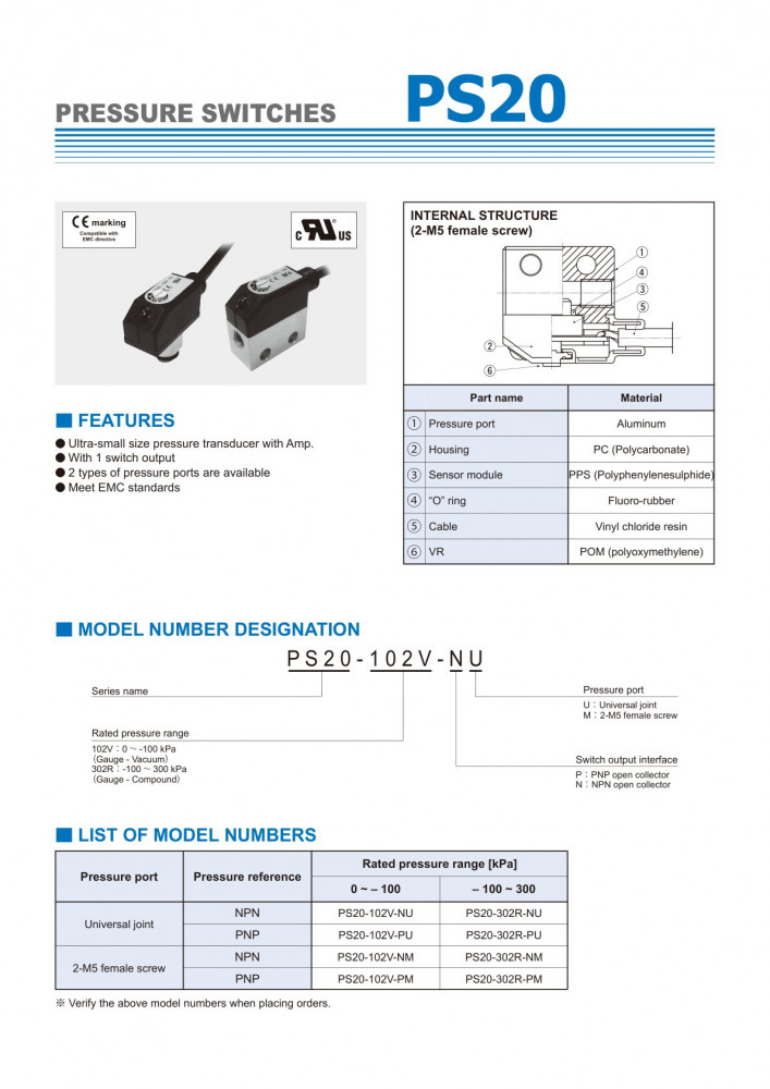 Nidec PS20 pressure transducer technical document, page 1