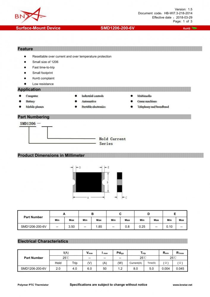 BNstar SMD1206-200-6V datasheet page 1