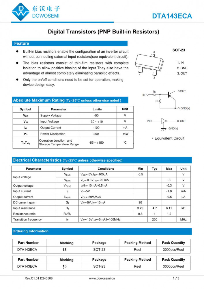 DTA143ECA datasheet page 1