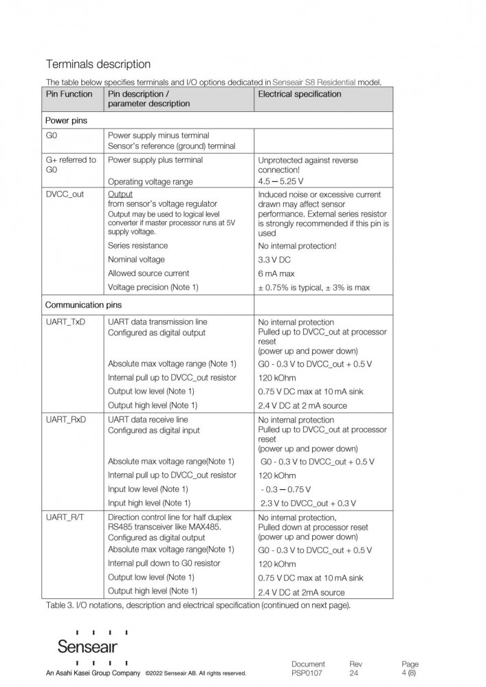 Senseair S8 Residential product specification, page 4