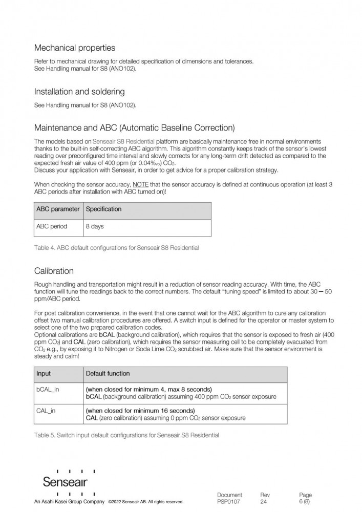 Senseair S8 Residential product specification, page 6