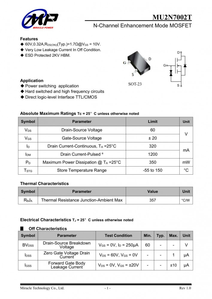 MU2N7002T datasheet page 1