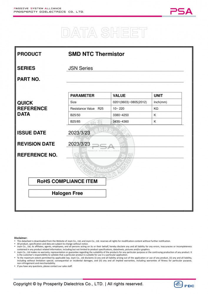 PSA JSN Series datasheet page 1