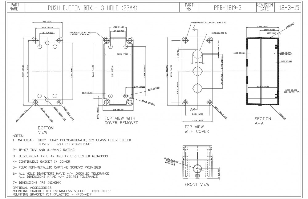 Bud Industries PBB-11819-3 technical drawing and enclosure views