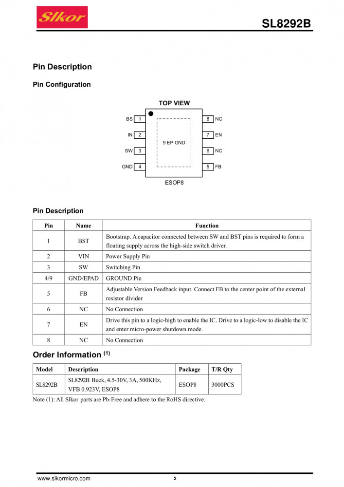 SL8292B datasheet page 2