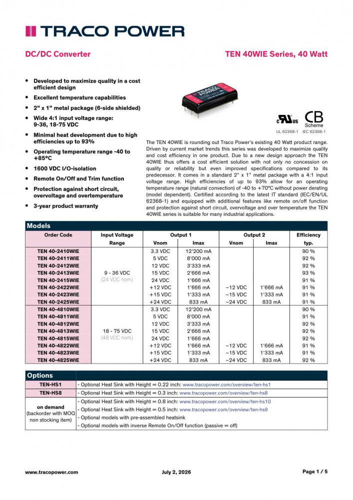 TEN 40WIE technical document page 1