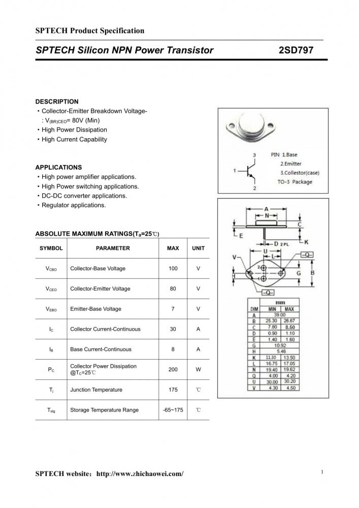 2SD797 SPTECH datasheet page 1